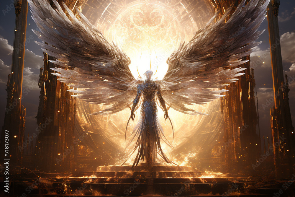 Within a cosmic citadel, an angelic sentinel with a shield of pure ...
