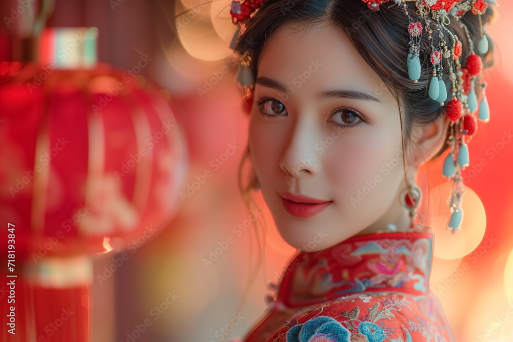 Close up portrait asian chinese woman in traditional cheongsam qipao ...