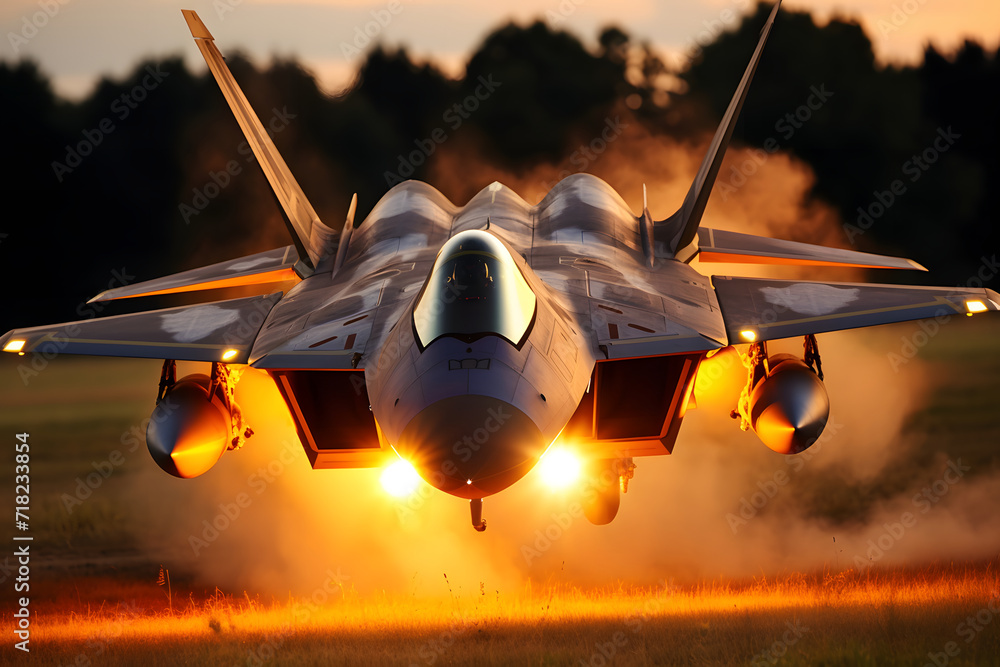 Modern stealth fighter plane. Flight in formation, flyby and landing ...