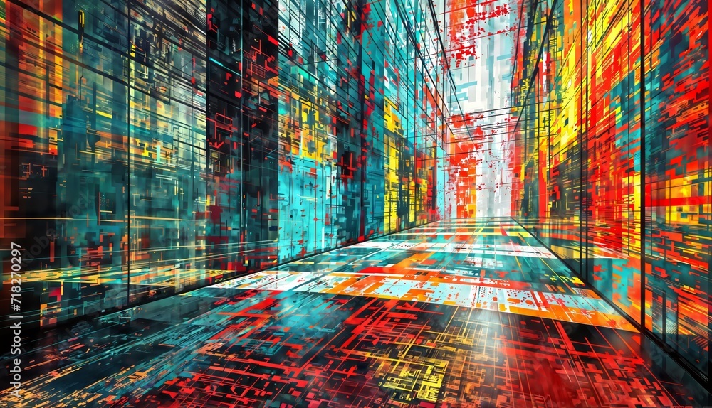 The image is a colorful abstract painting of a hallway with tall ...