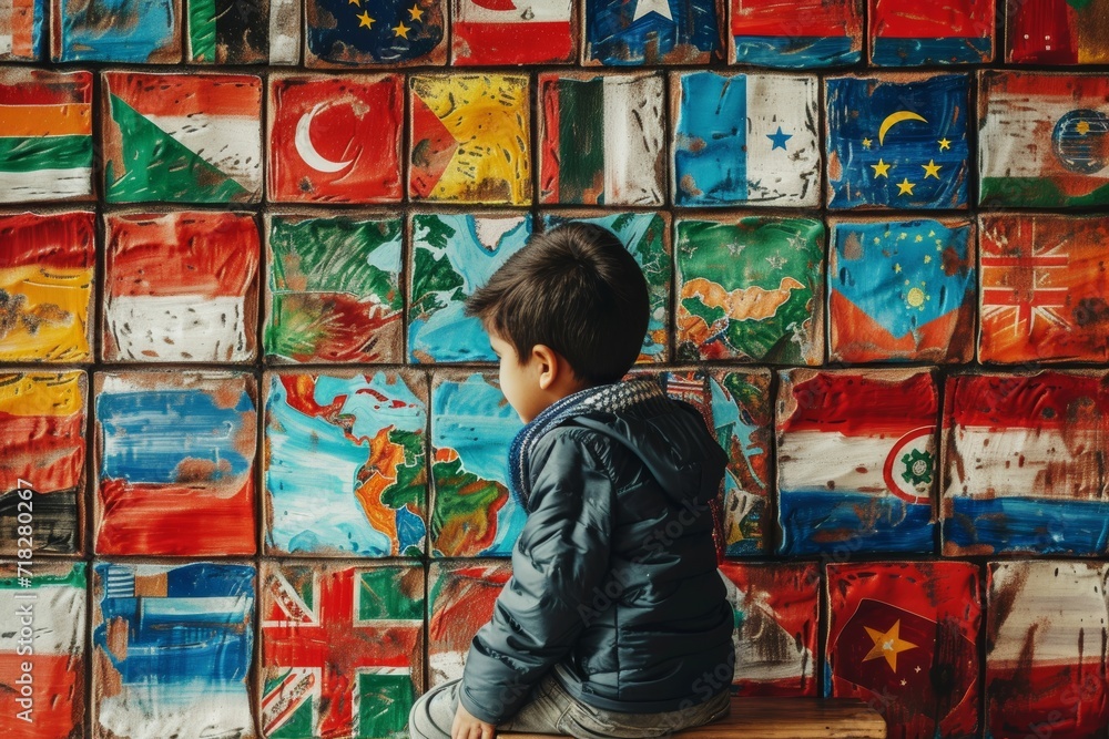 figure of human refugee with suitcases coloring with different world ...