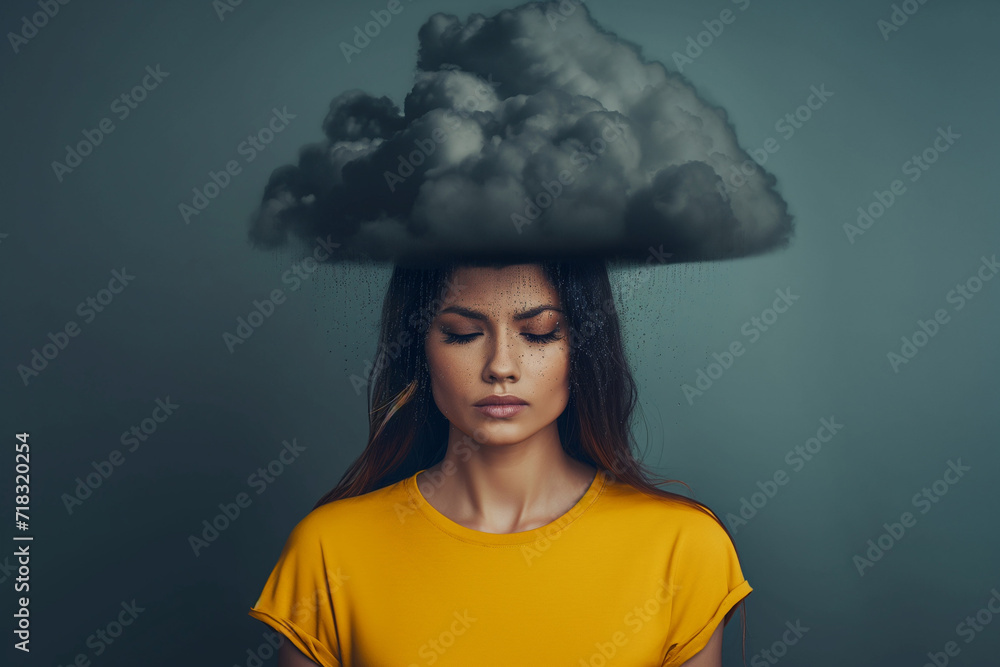 Upset woman with a dark rain cloud above her head, depression ...
