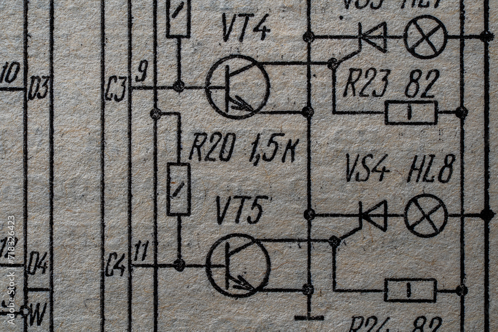 Old radio circuit printed on vintage paper electricity diagram as ...