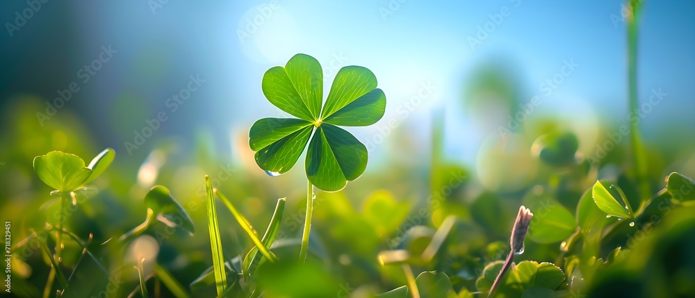 Single good luck four-leaf clover with copy space for text. Vertical ...