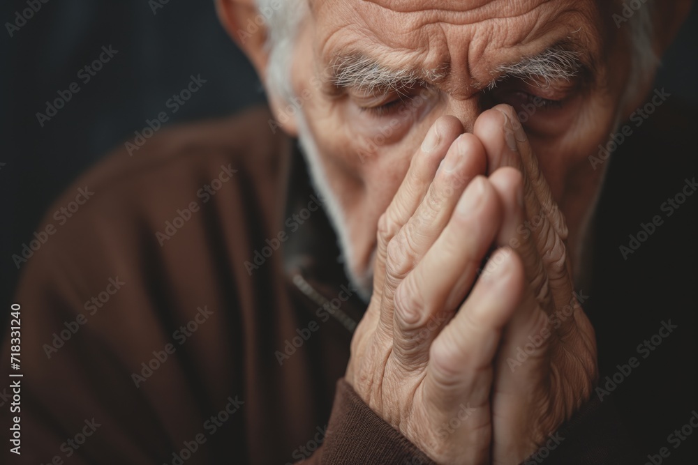 Sad depressed desperate grieving crying senior man with folded hands and tears eyes during ...