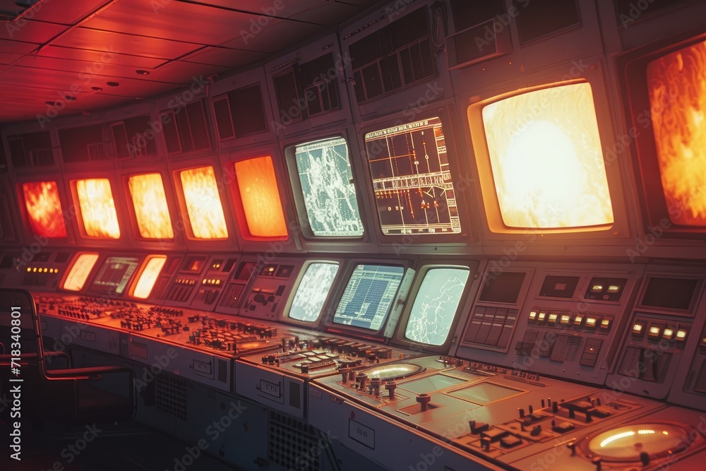 Vintage spaceship control room with monitors. Retro space travel and ...