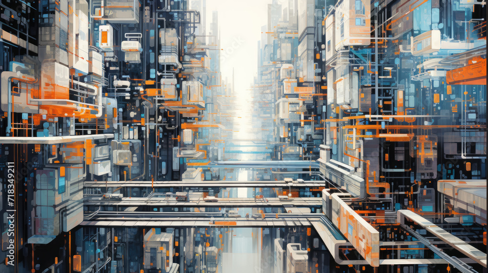 Futuristic cityscape with tall buildings and complex infrastructure. a ...