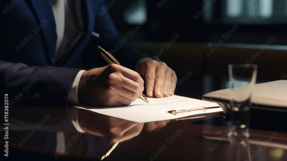 Contract signing. In the soft glow of ambient light, a professional ...