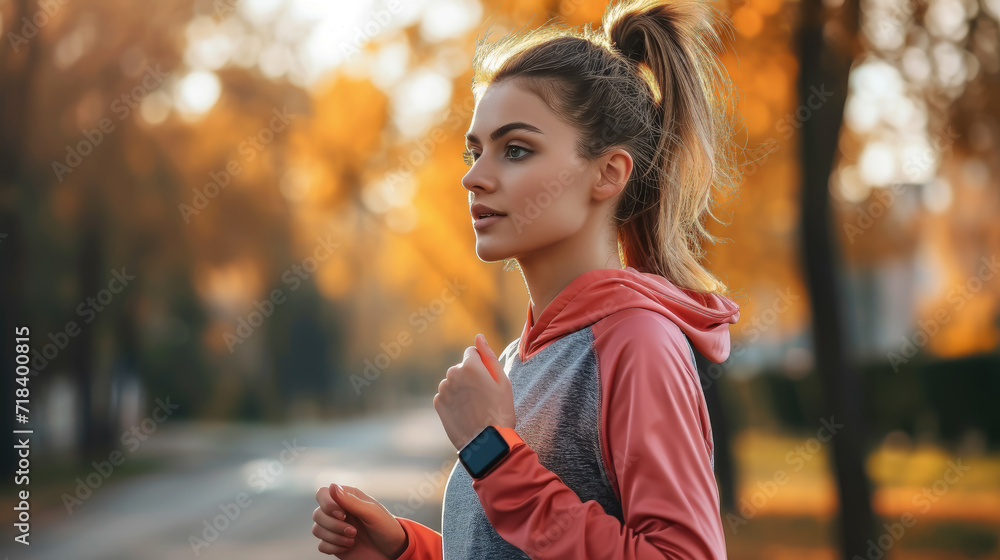 beautiful girl with a ponytail in sportswear and a sweatshirt on a ...