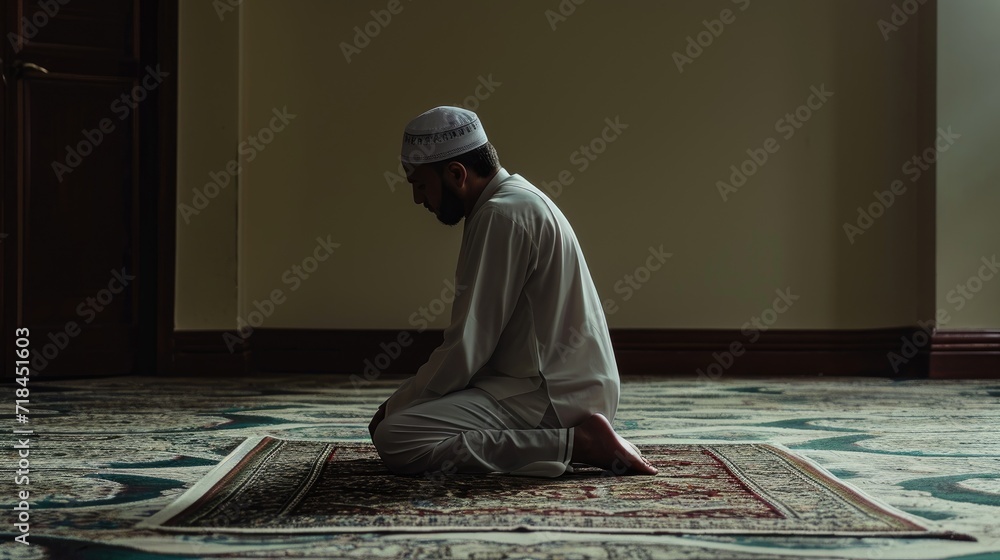 Muslim man sitting on a beautiful mosque looks back for praying and ...