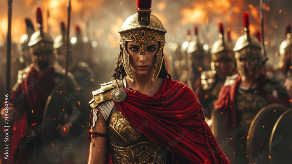 Beautiful ancient Roman female commander with the army on a battlefield ...