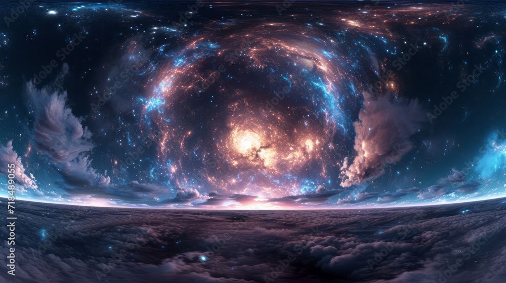360 degree equirectangular projection space background with nebula and ...