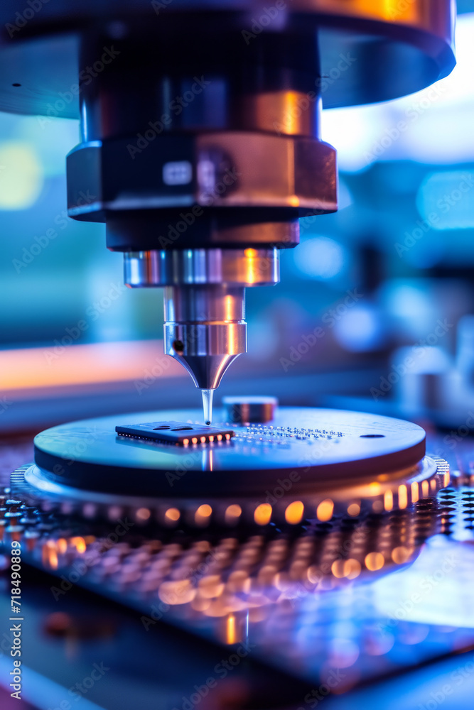 A machine extracts silicon dies from a wafer for computer chip ...