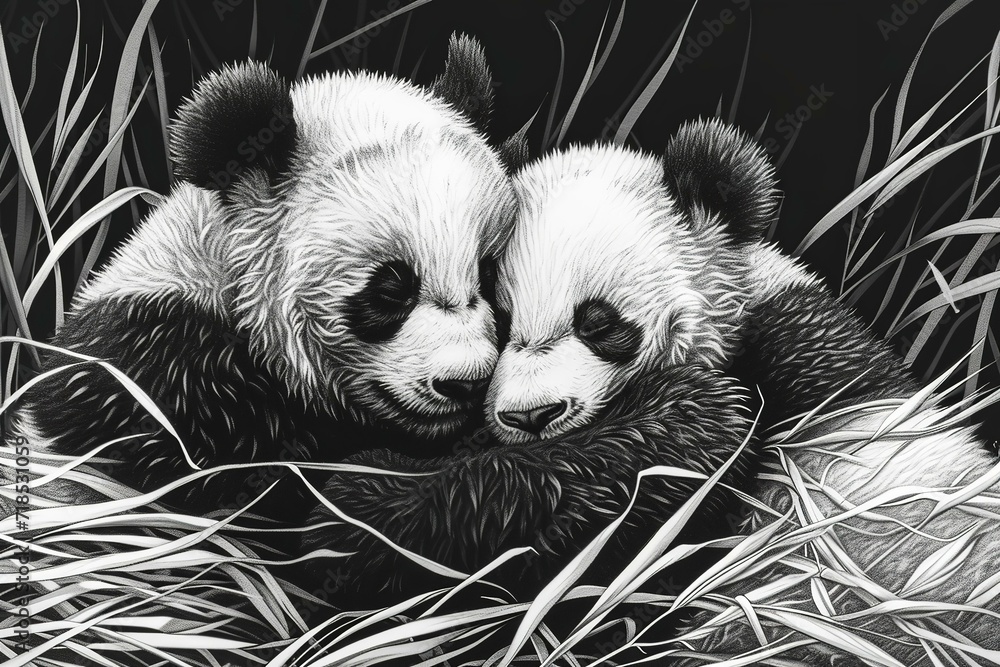 black-and-white sketch of a panda. The panda is seated in a relaxed ...