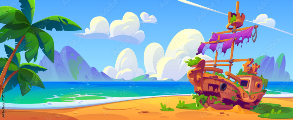 Wrecked ship on tropical island. Vector cartoon illustration of old ...