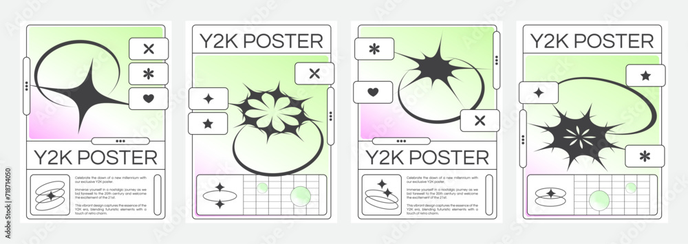 Poster design template in y2k style with star and twinkle simple black ...