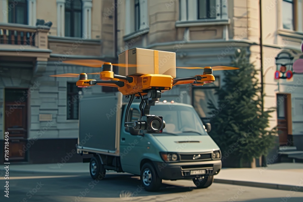 Стокова ілюстрація Drone shipping last mile delivery urban drone fleet cargo drones, efficiency ...
