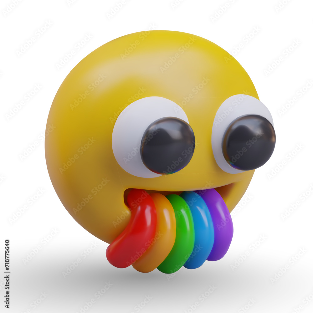 Realistic yellow emoticon with big eyes and mouth with rainbow ...