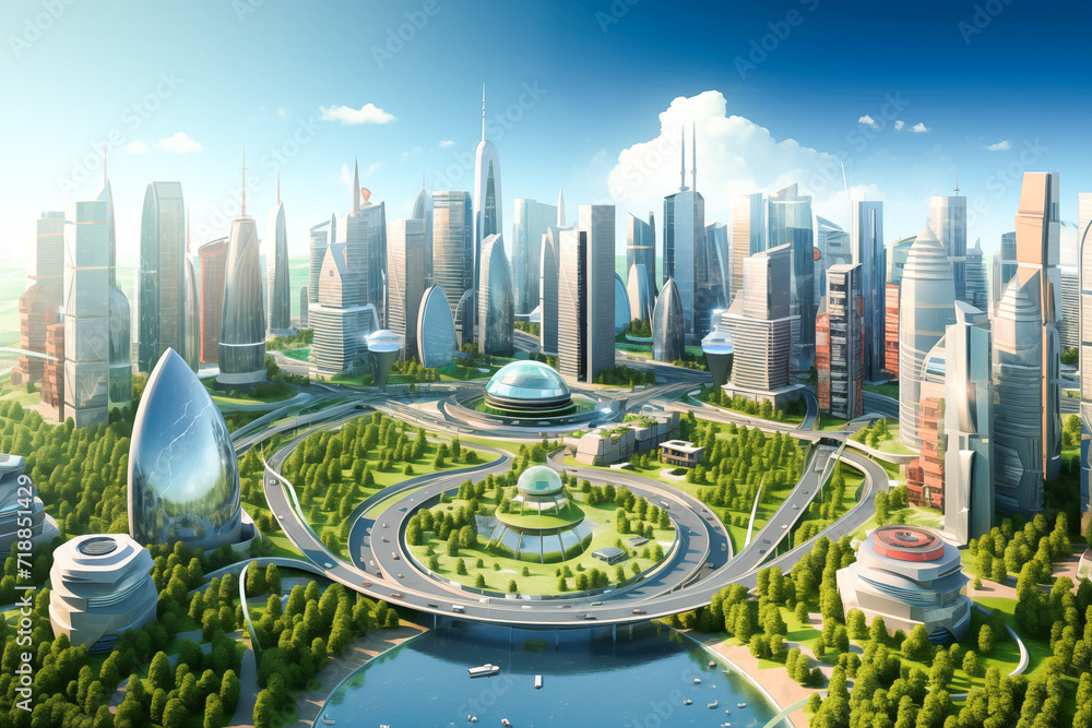 Environmentally sustainable futuristic city. Exterior of a green ...