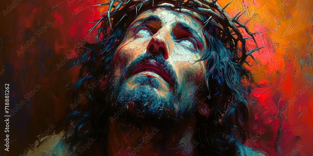 Vintage religious artwork: Christian face on church background, image ...