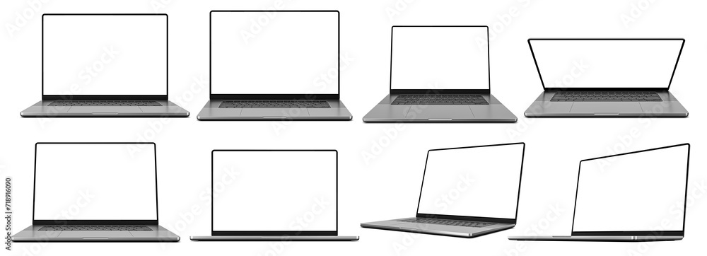 Laptop set with an empty screen in various configurations - different angles, perspectives ...