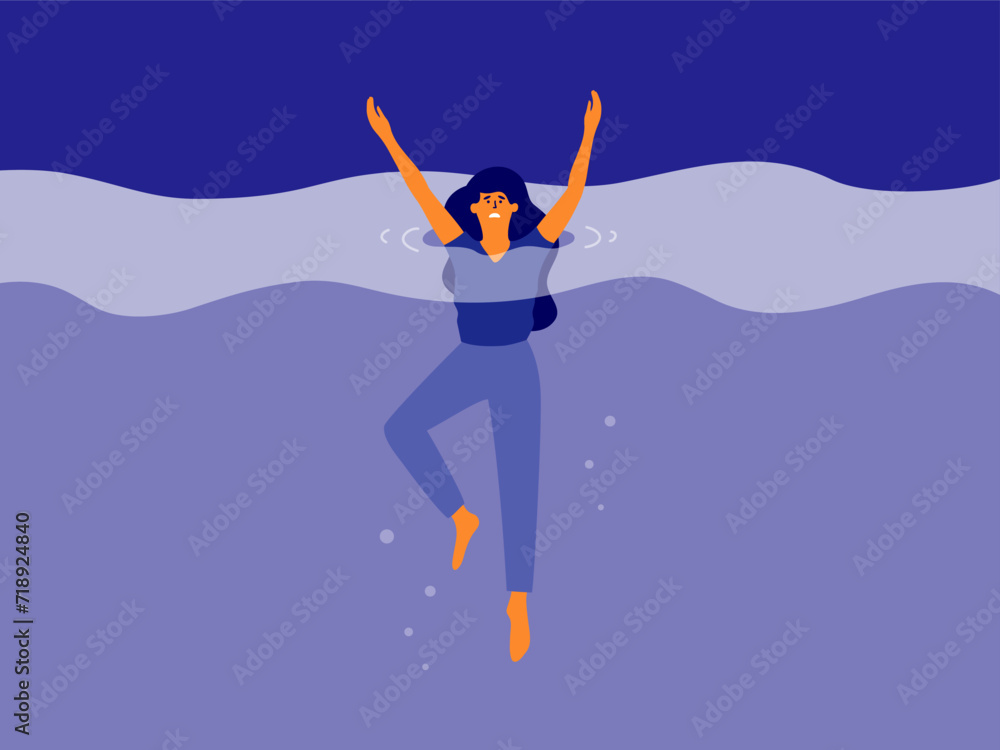 Young woman drowning in deep muddy water vector illustration. Female ...