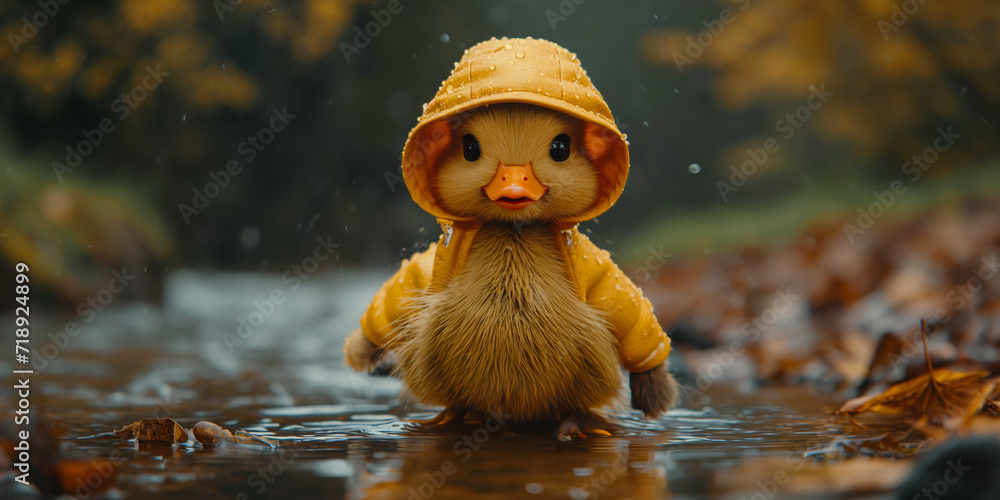 Süße Ente mit Regenschirm und Regenkleidung im Regen schaut traurig als ...