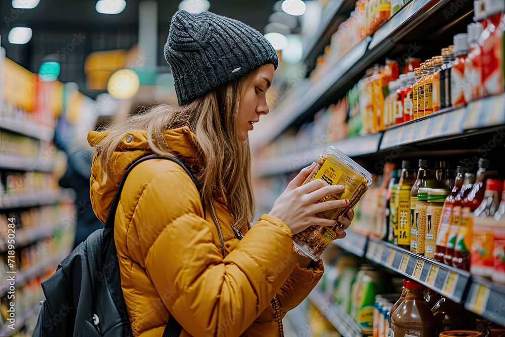 Personas mirando las etiquetas de los alimentos en el supermercado para ...