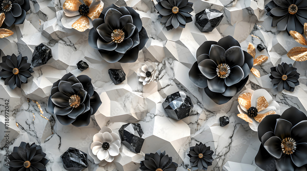 Exquisite marble texture with 3d black flowers and glistening gold ...