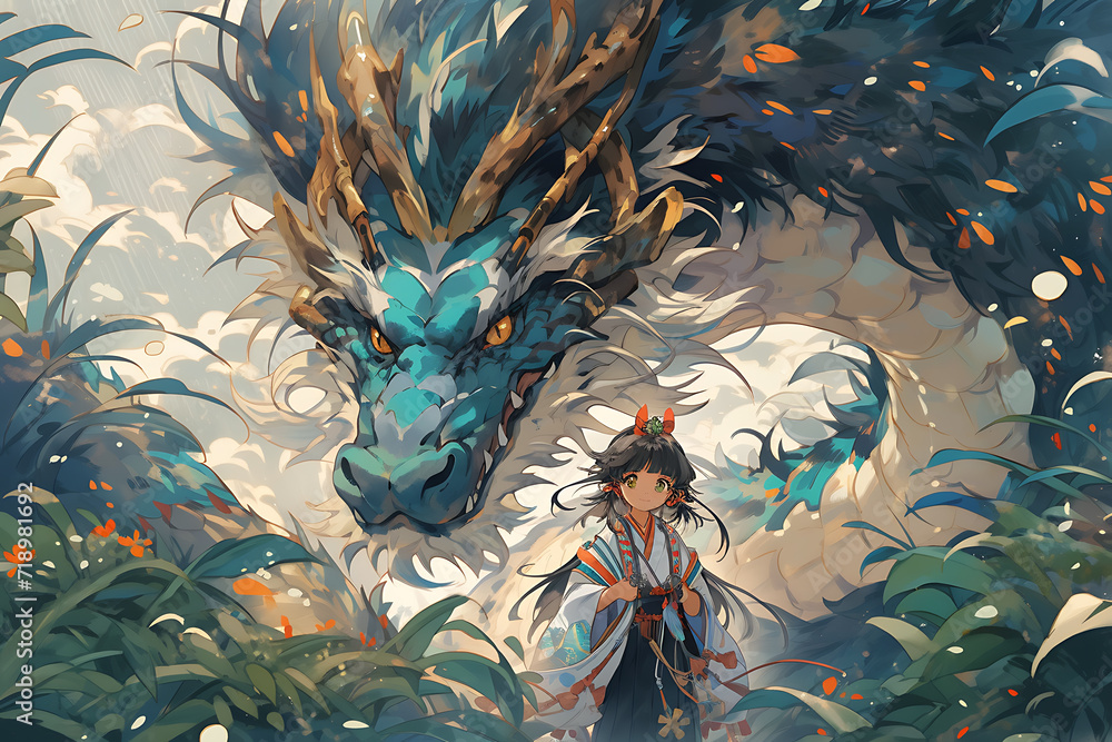 A majestic dragon stands beside a fearless man, embodying power ...