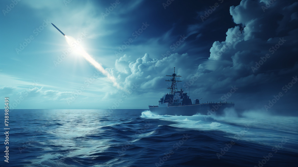 Warship Launching Missile at Sea at Dusk. A naval warship firing a ...