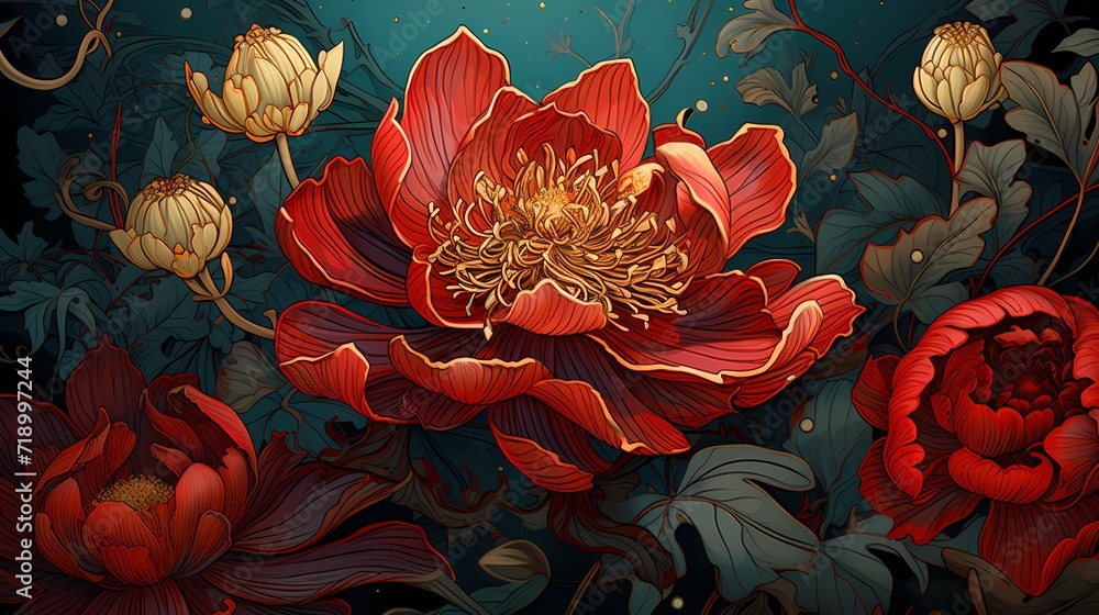 Chinoiserie pattern features red peony flowers with gold foiled on ...