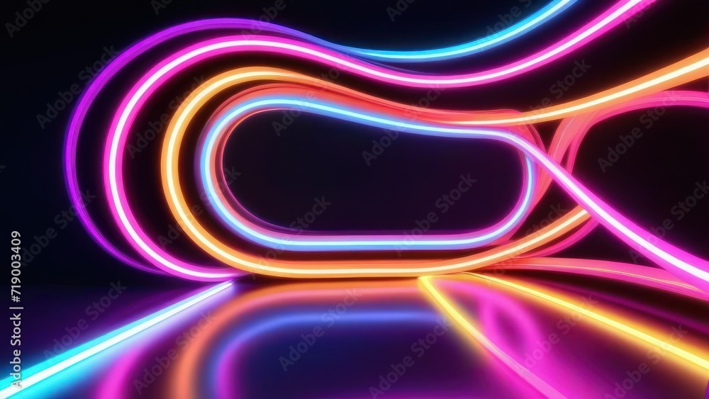 3d render. Abstract panoramic background of curvy dynamic neon lines ...