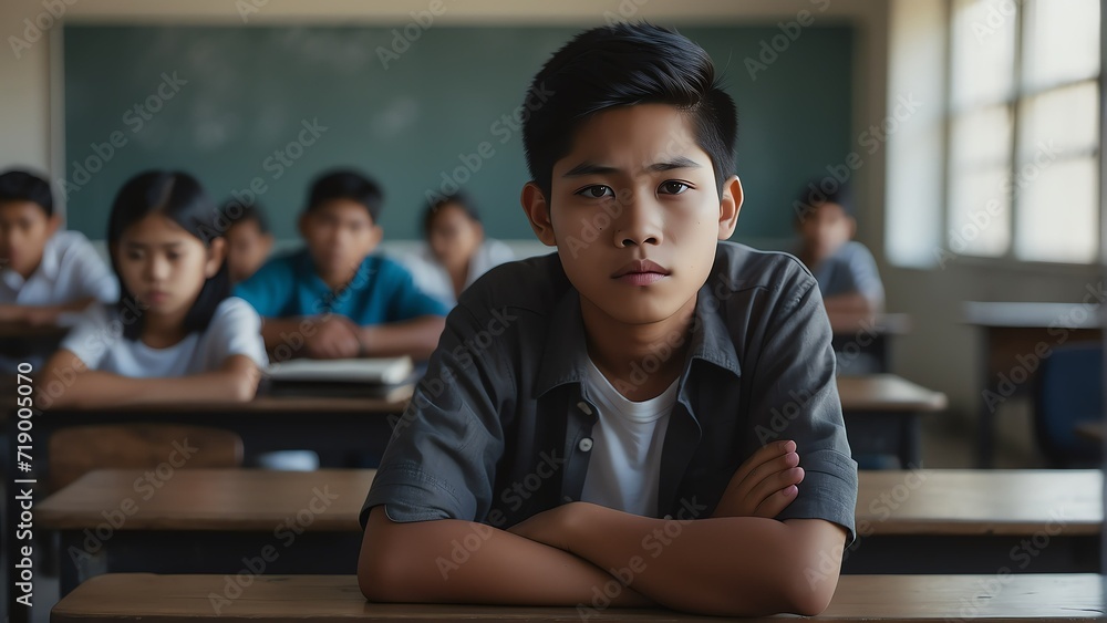 Portrait of a young teen filipino boy feeling lonely and sad on the ...