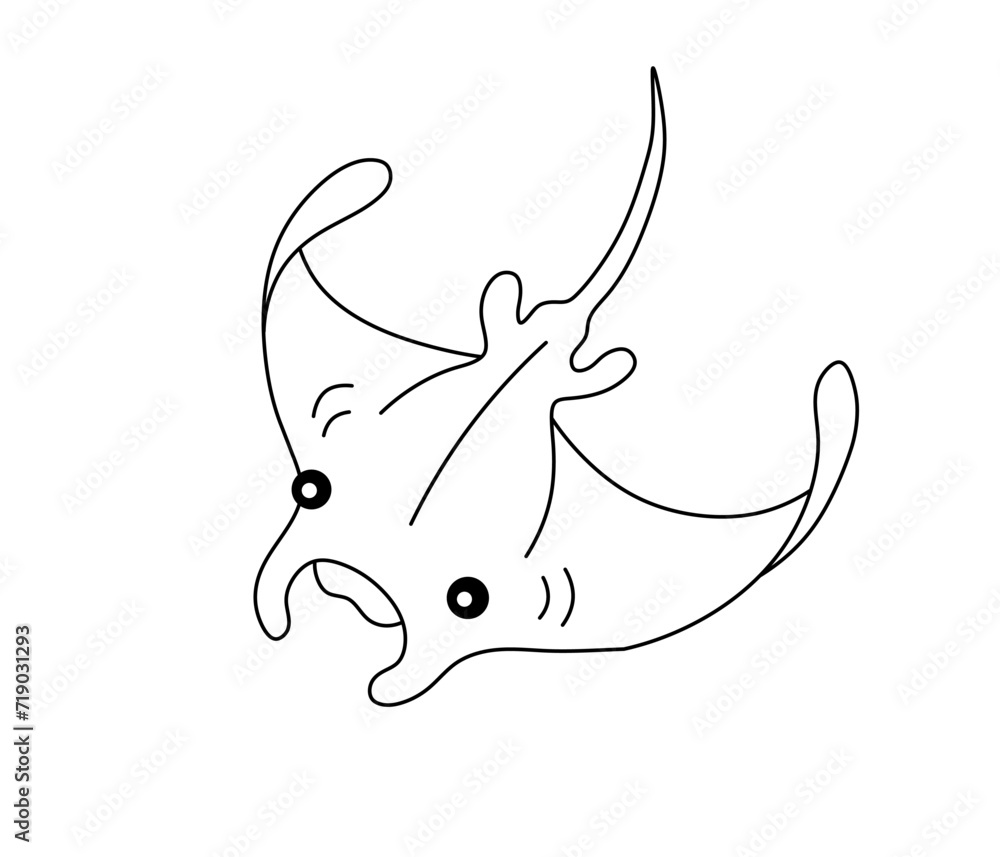 Vector isolated one single cute cartoon manta ray sea devil side view ...