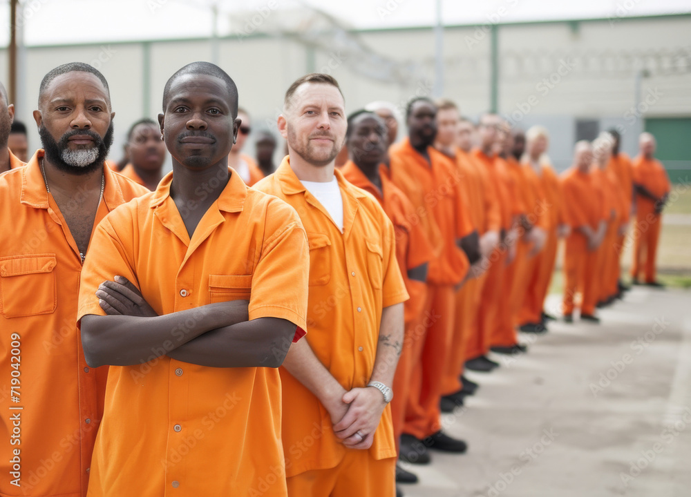 A row of men, dressed in bright orange jumpsuits, stood together in the ...
