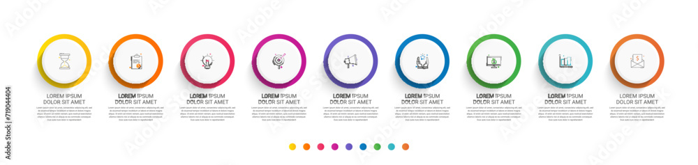 Timeline vector infographic design with 9 icons and circles. Circular ...
