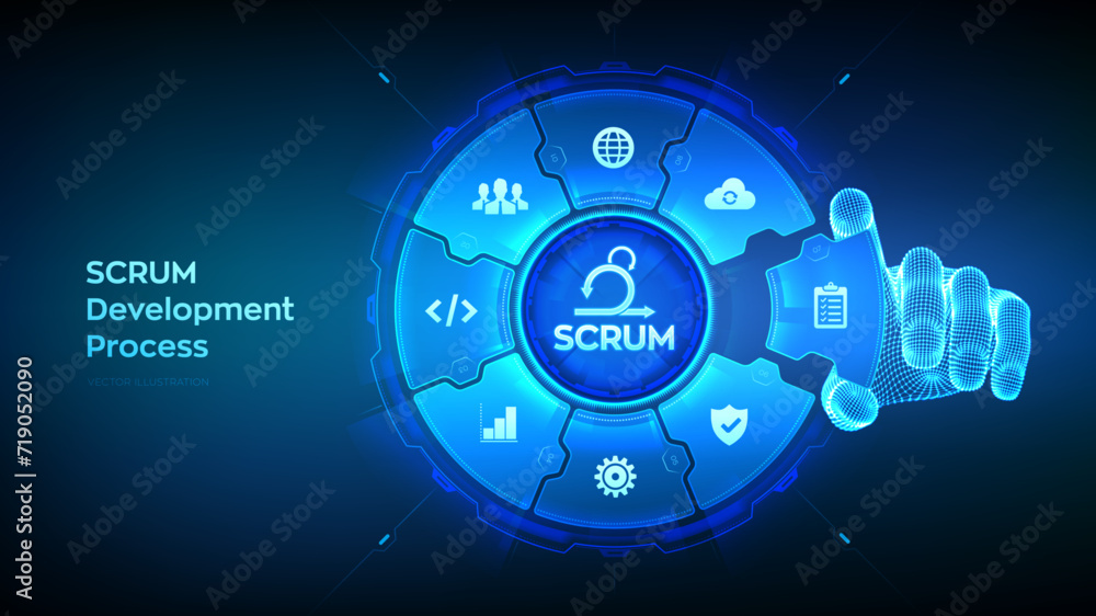 SCRUM. Agile development methodology process. Iterative sprint methodology. Programming and ...