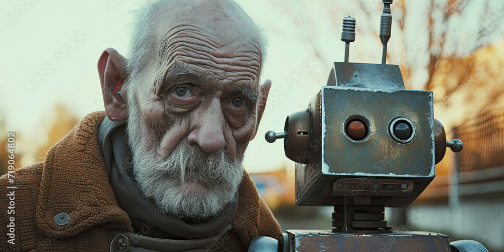 Elderly old man with robot Ai artificial intelligence assistant helper ...