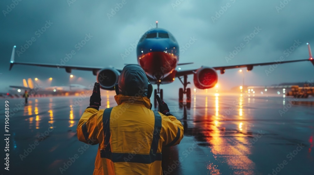 Ground Crew in the signal vest. Aviation Marshall / Supervisor meets ...