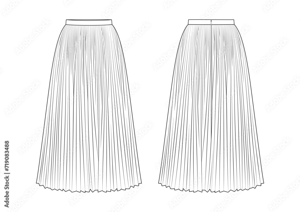 Vector fashion technical drawing of a pleated skirt with front and back ...