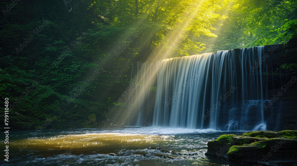 A stunning waterfall with sunlight highlighting the flow of water and ...