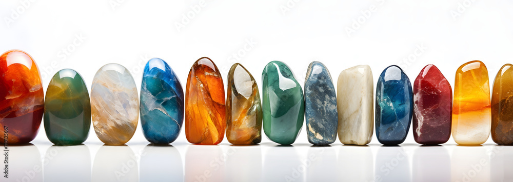 13 tumbled polished healing crystals neatly stood in a row like ...