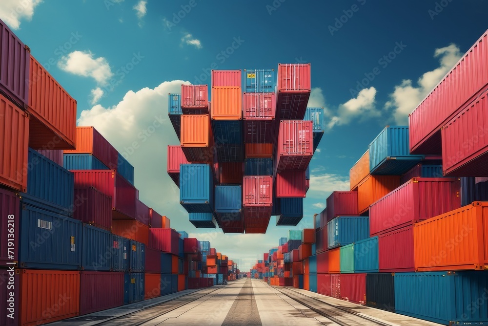 Stacked cargo containers create bustling scene in dynamic port ...