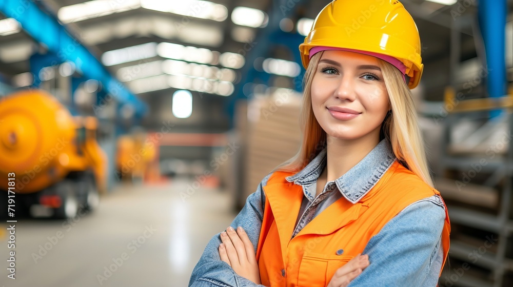 Bright large warehouse distribution center female worker portrait ...