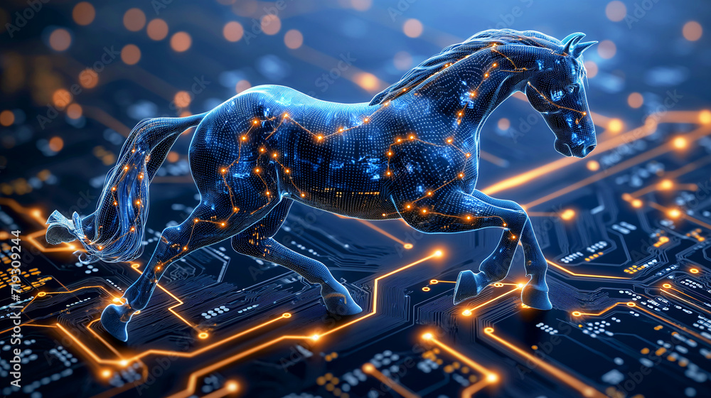 blue digital horse made of connected dots and lines with orange ...