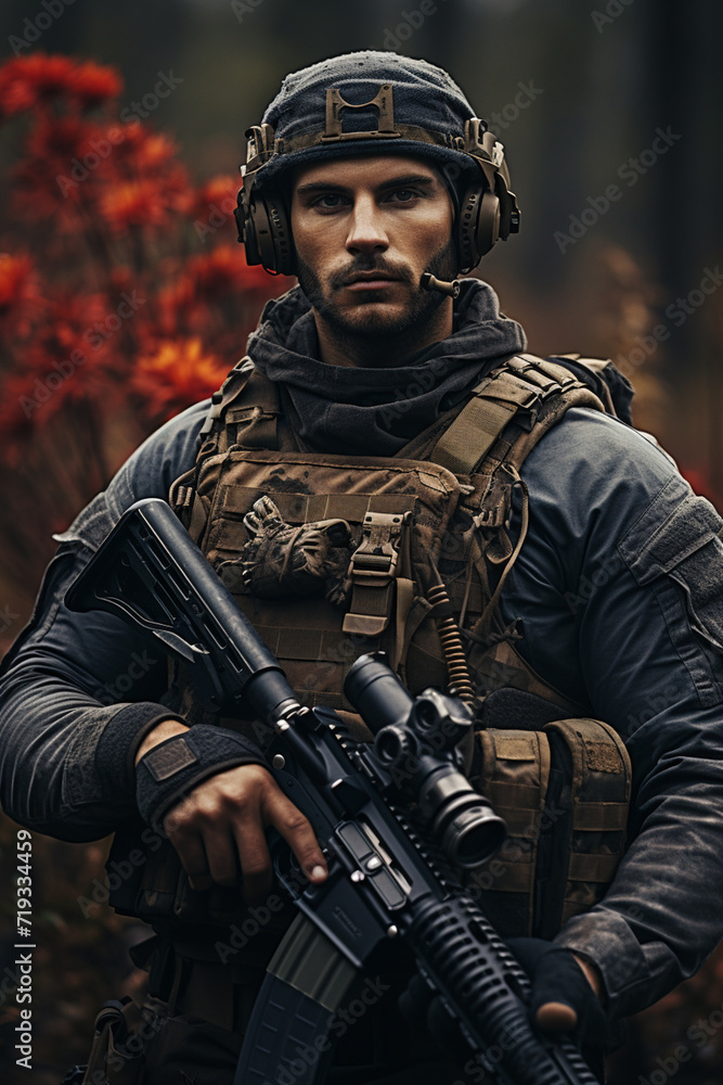 Portrait soldier or private military contractor holding sniper rifle ...