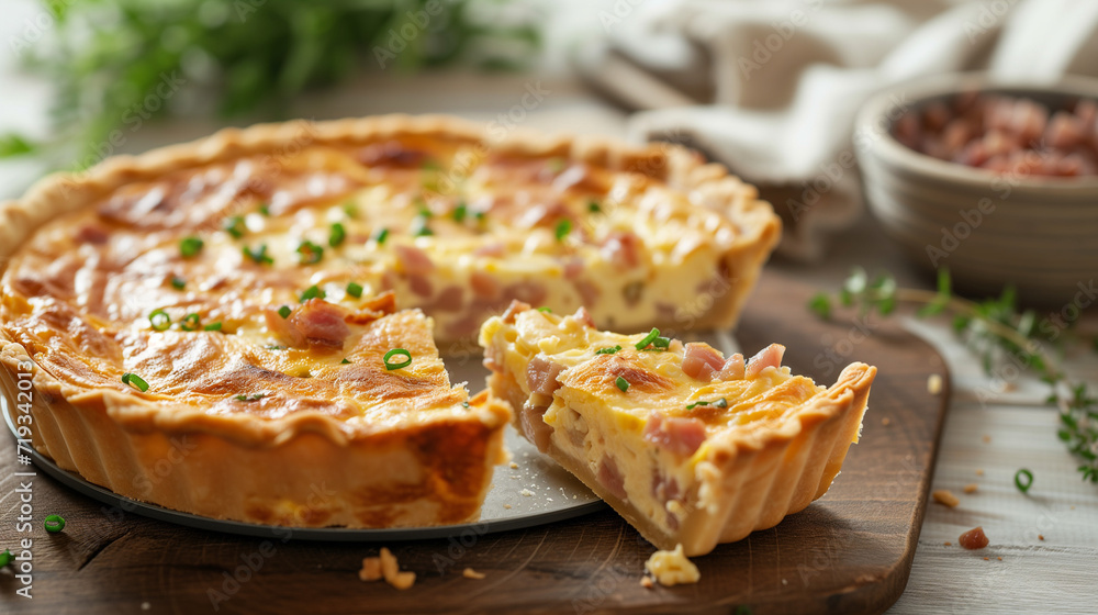 Quiche Lorraine pie with beechwood smoked bacon, creamy Cheddar cheese ...