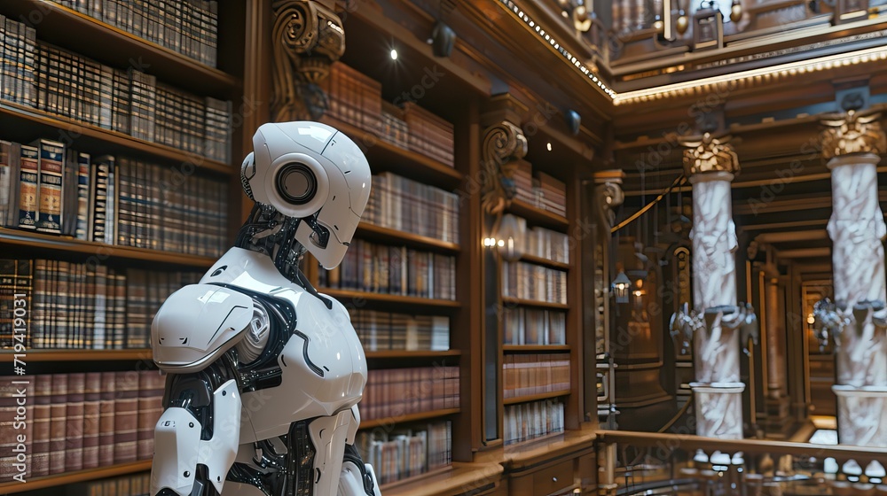 white robot man in a beautiful library .A humanoid robot stands among ...