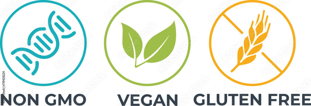 Vegan, Non-GMO, Gluten free - set of colorful pictograms for food ...